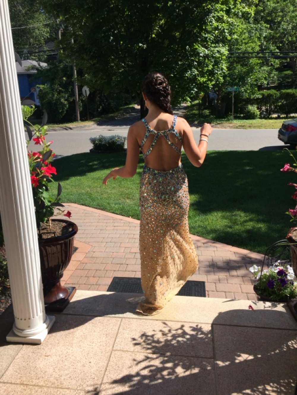 Crystal V-Neck Halter Prom Dress - Women's Formal Gown - Gem